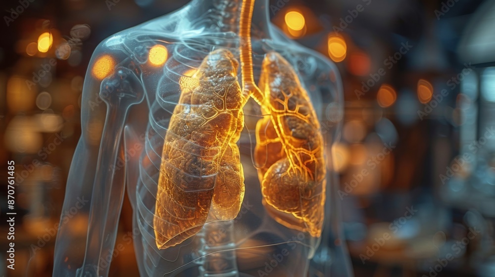 Detailed x-ray image of the respiratory system, showcasing the trachea ...
