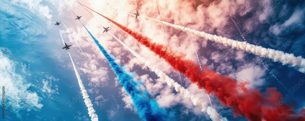 A group of jets are flying in a formation with red, white, and blue ...