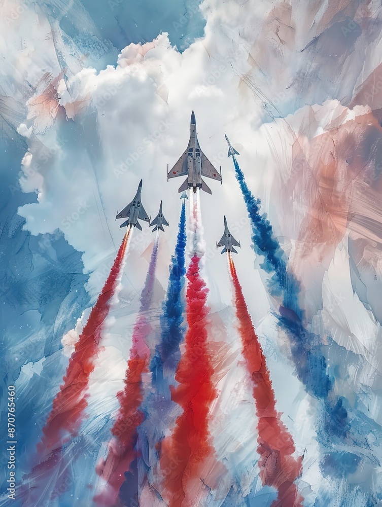 A painting of four fighter jets in the sky with red, white, and blue ...