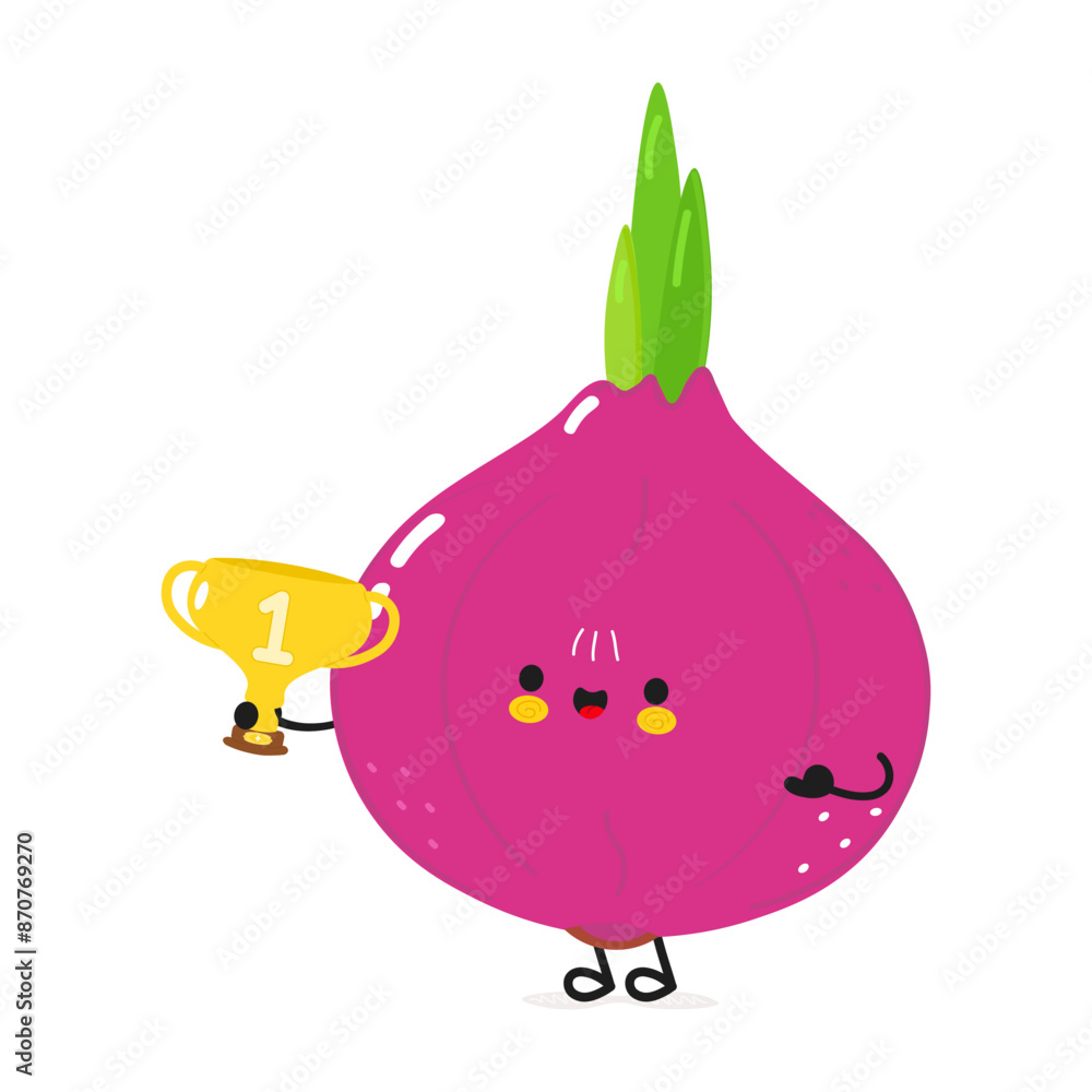 Cute funny Onion hold gold trophy cup. Vector hand drawn cartoon kawaii ...