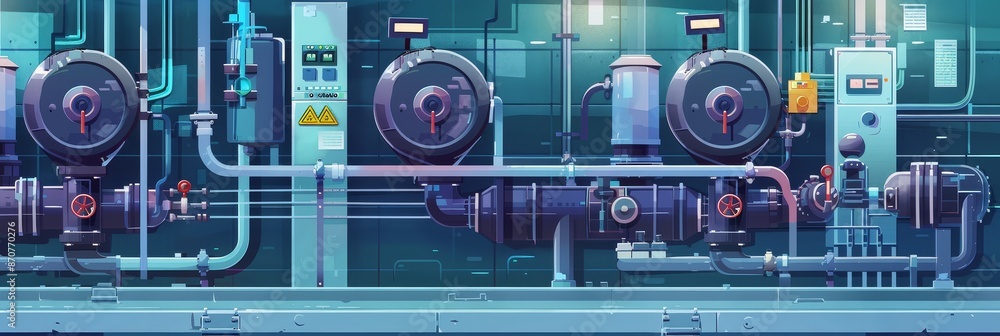Industrial Interior with Pipes and Machines - A cartoon illustration ...