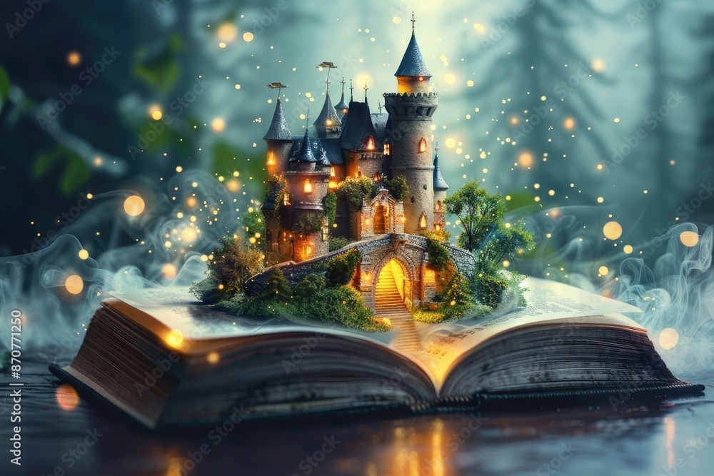 Fairy tale castle inside an open book, magic of reading concept ...