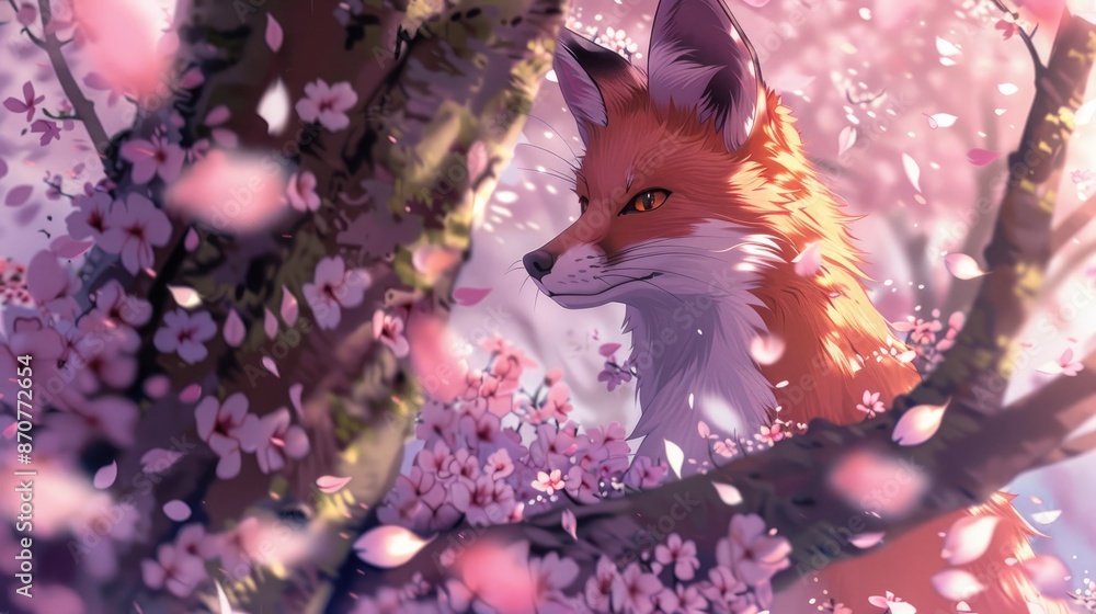 Cute anime scene of a mischievous nine-tailed fox peeking out from ...