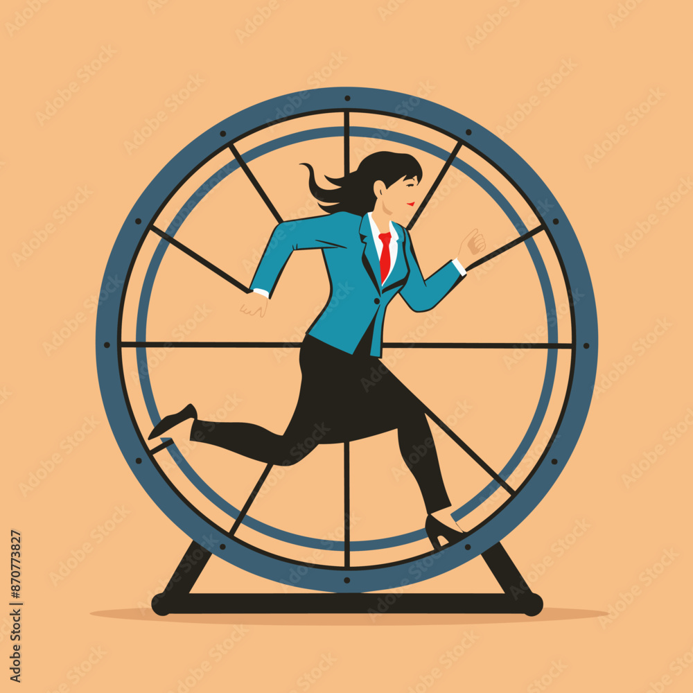 Rat race concept. Business woman running in hamster wheel. Tired ...