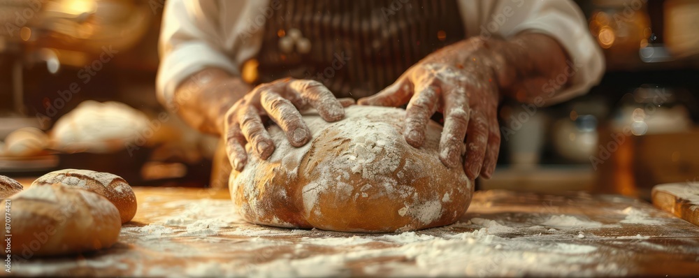 Realistic closeup of baker kneading dough, warm lighting, detailed ...