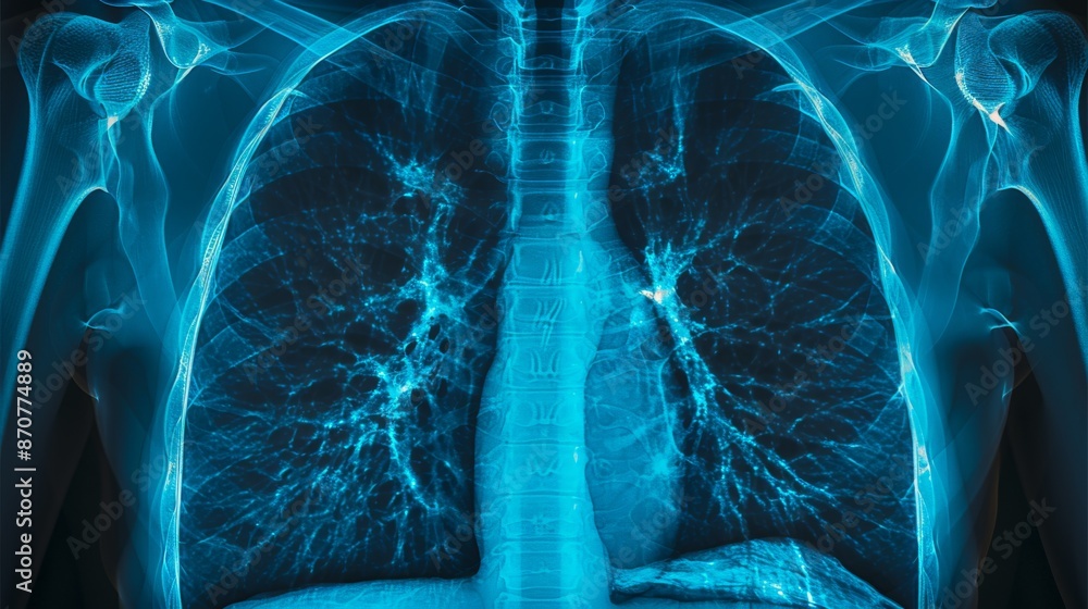 Precise x-ray scan of the respiratory system, displaying the lungs ...