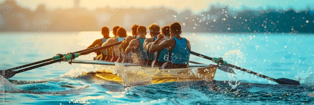 Rowing Crew Racing Through Sun-Drenched Waters - A rowing crew of six ...