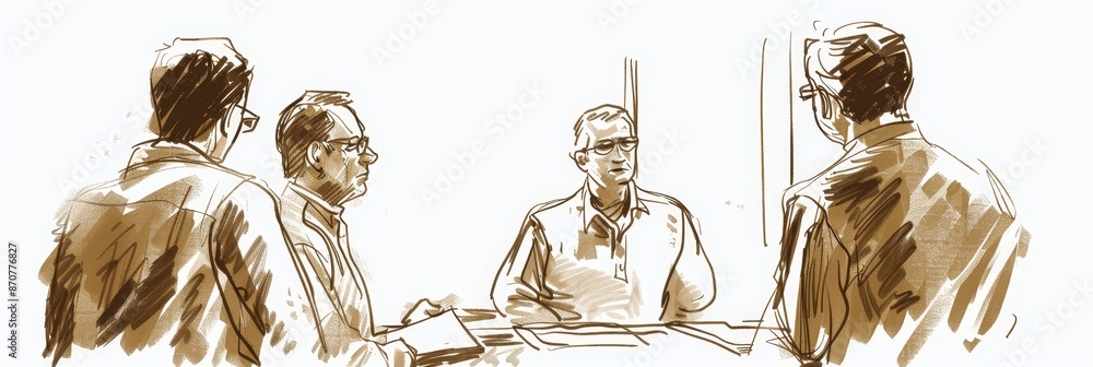 Sketch of Four Men in a Meeting - A sketch in brown tones depicting ...