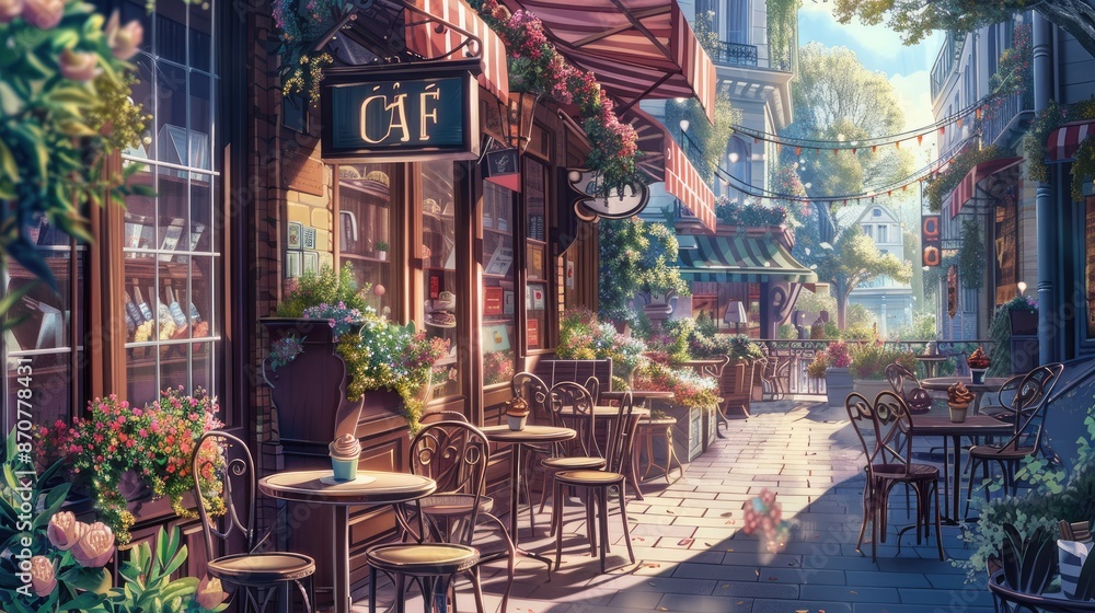 Detailed anime scene of a charming Parisian cafe with wrought iron ...