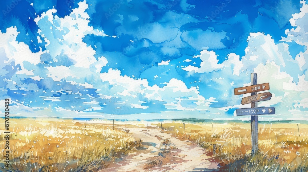 Watercolor Landscape with a Path and Signpost - A watercolor painting ...