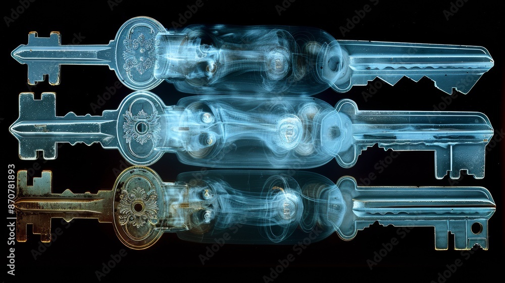 X-ray scan of a pile of keys, showing the shapes and sizes of each key ...