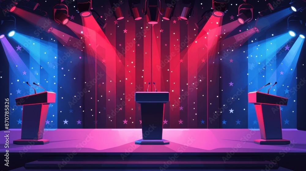 Political Debate Stage with Podiums and Lights Stock Illustration ...