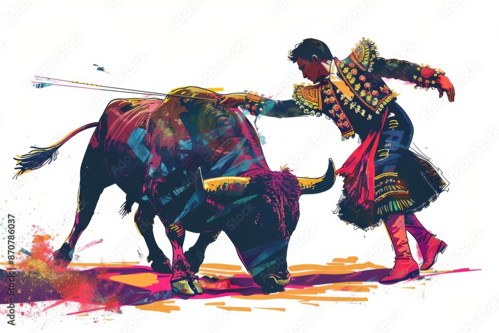 A dramatic illustration of a traditional Spanish bullfight, where a ...