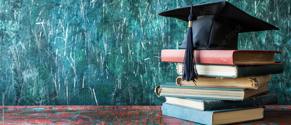 Graduation cap on a stack of books with plenty of copyspace on a school ...