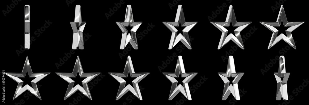 Set of chrome star shape with shiny metallic silver surface isolated on ...