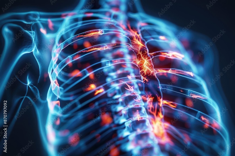 3D medical illustration of the human chest cavity highlighting bones ...