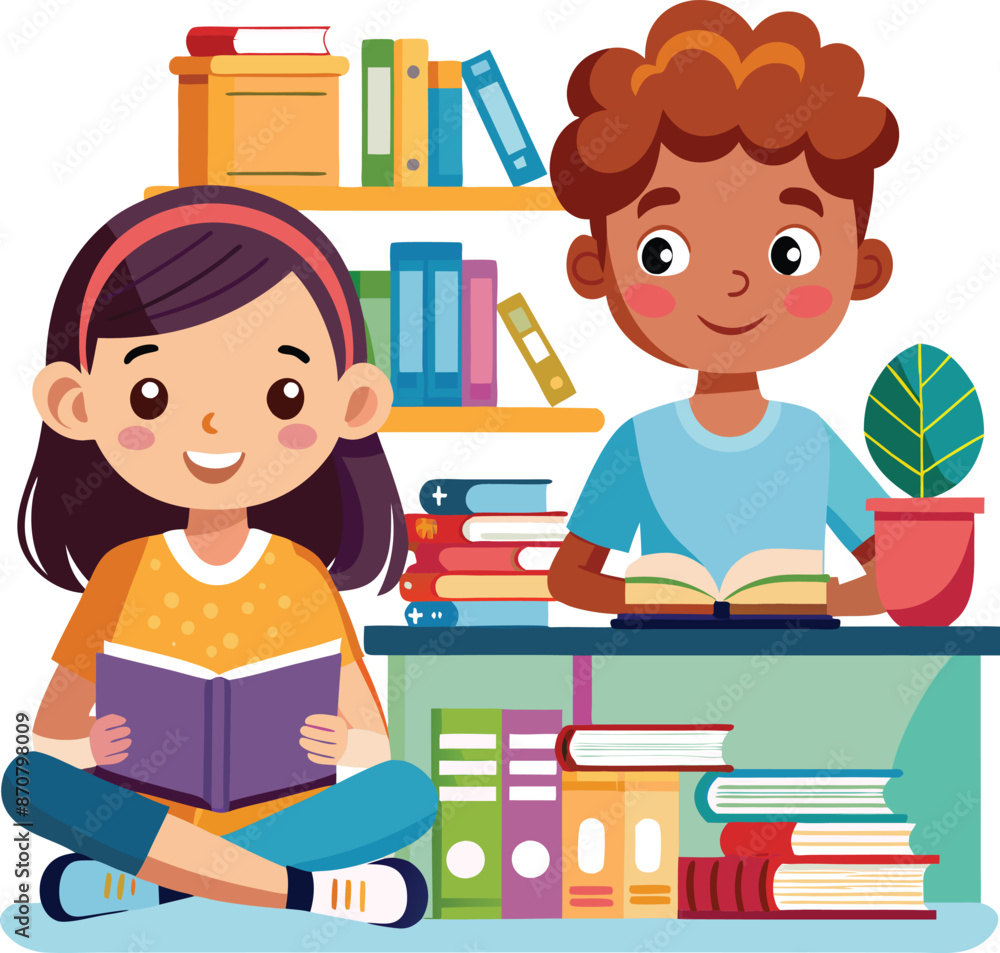 Cartoon kids studying in the library Stock Vector | Adobe Stock