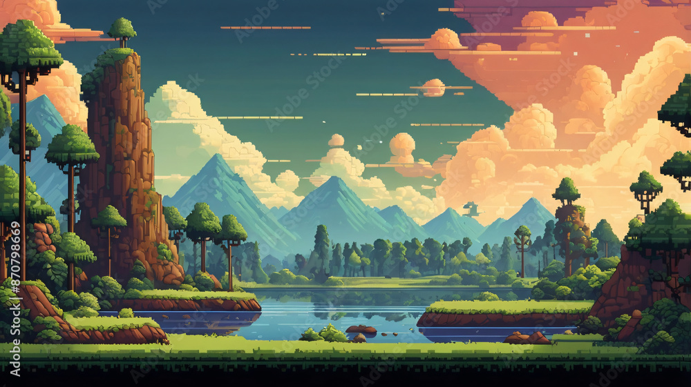 Pixel game level design scene with, mountains, brick walls, grass ...