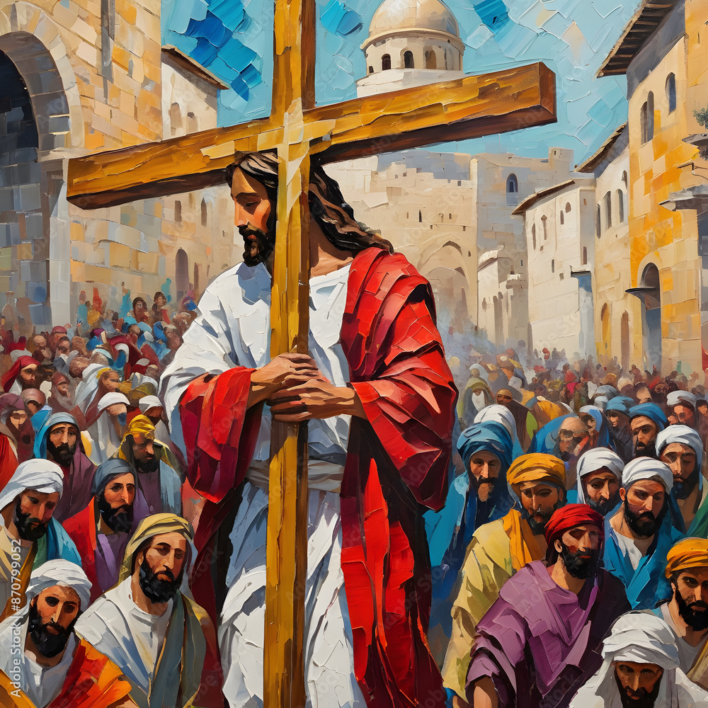 Jesus Christ holding a cross followed y a group of people, knife paint ...