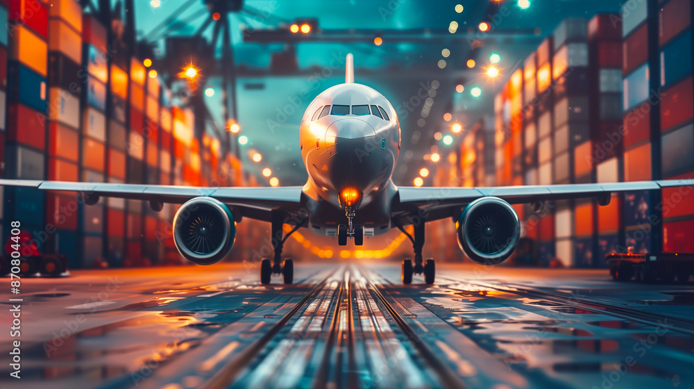 Logistics, airplane at container Cargo ship transportation with working ...