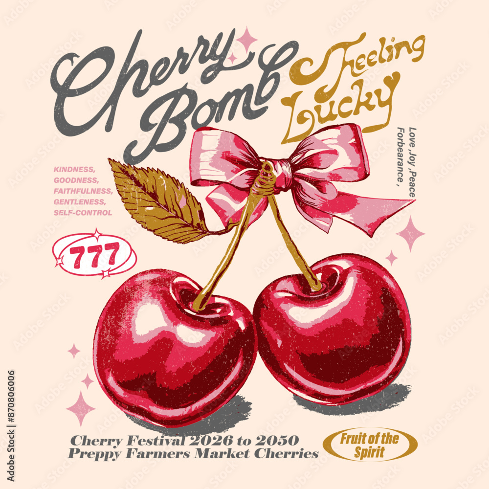 watercolor effects Cherry fruit , hand writing text slogan ..cherry ...