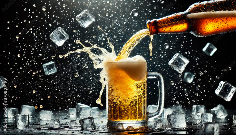 Beer from a bottle is poured and flows in a stream into a beer mug with ...