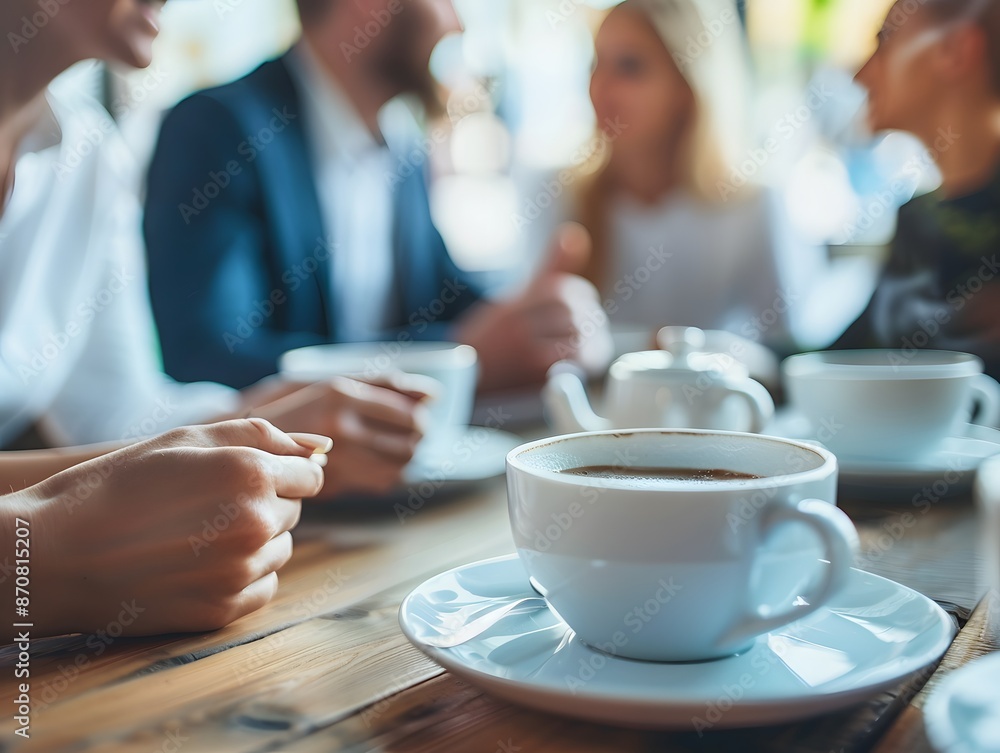 Team of coworkers discussing strategy during a coffee break., clean ...
