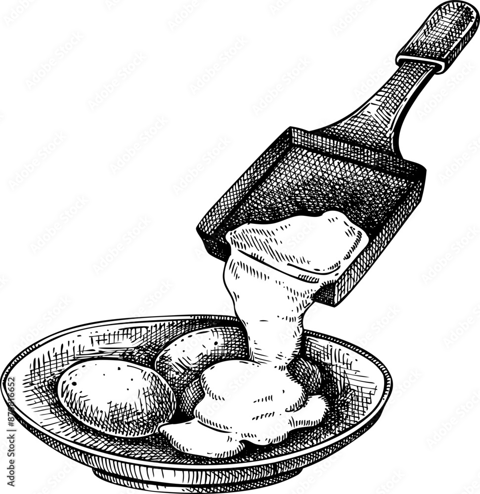 Swiss cheese fondue sketch. Hand-drawn food illustration. Melted cheese ...
