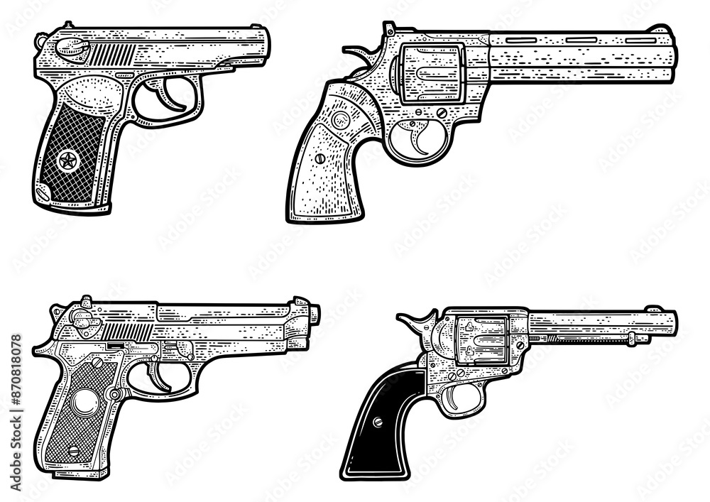 Pistol guns set historical sketch engraving PNG illustration. Makarov, Beretta 92, Colt ...