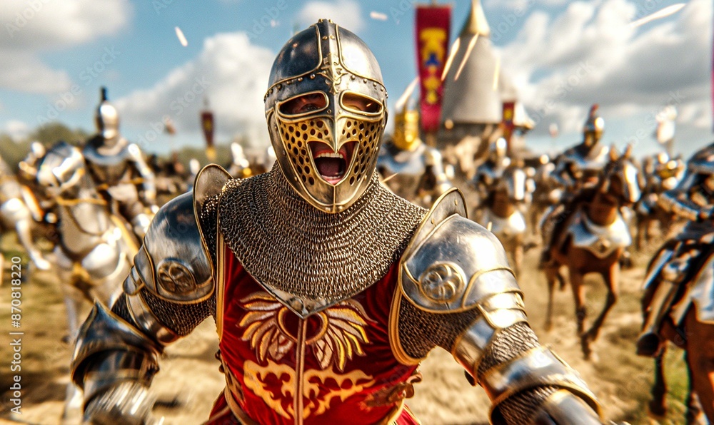 AI-generated illustration of medieval knights charging in battle with a ...