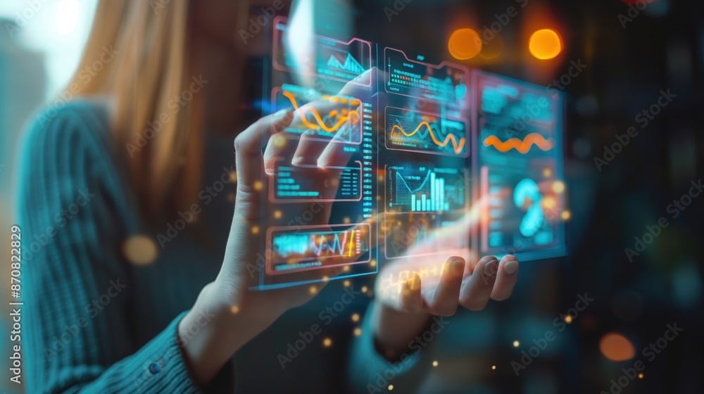A Person Interacts With A Futuristic Digital Interface Displaying Various Data Visualizations