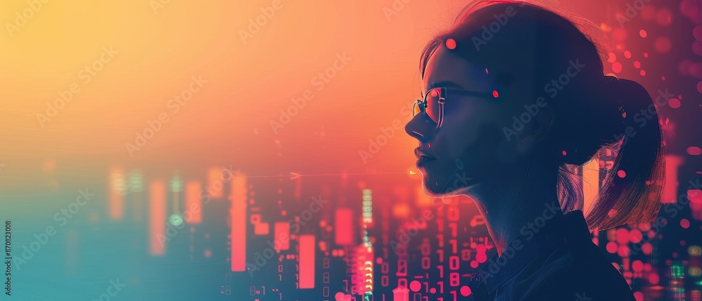 Profile Of A Thoughtful Woman Against A Vibrant Backdrop Of Digital Graphics And Data