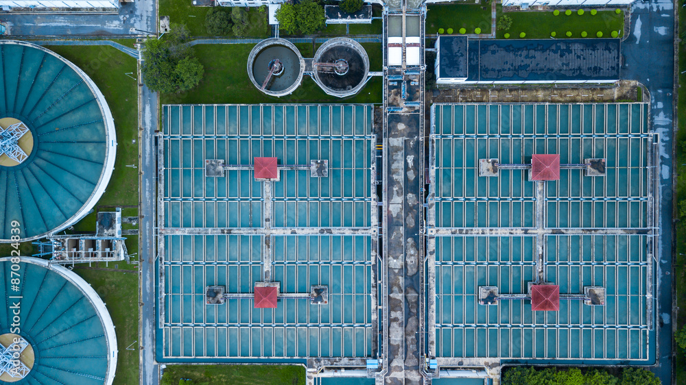 Aerial view of sewage water treatment plant, Purification process water ...