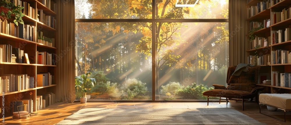 warm inviting scenic home office library with expansive view of nature ...