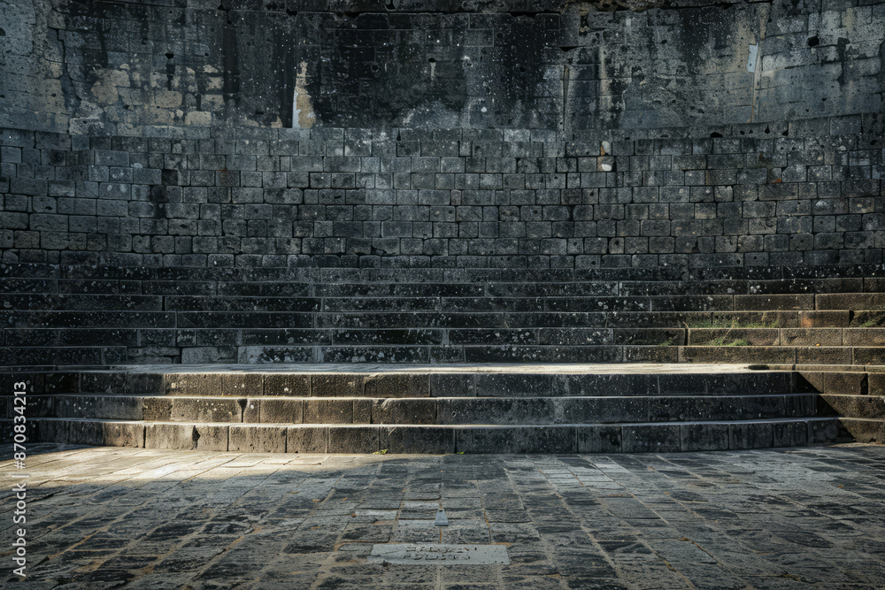 Aged stone steps of an ancient amphitheater. Empty stage with dramatic ...