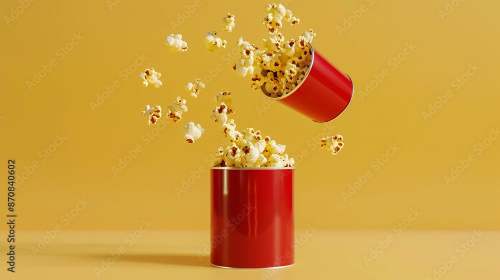 Red white paper bucket full of popcorn isolated red background. popcorn ...