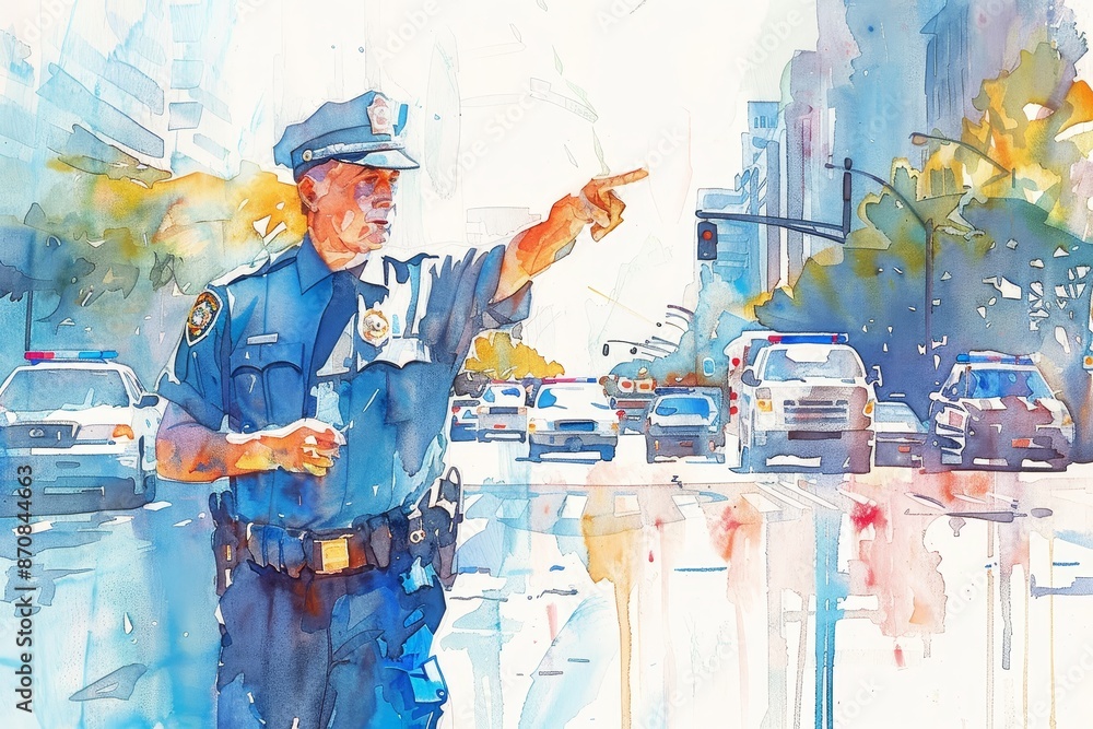 Watercolor Illustration of a Police Officer Directing Traffic - A watercolor illustration of a ...