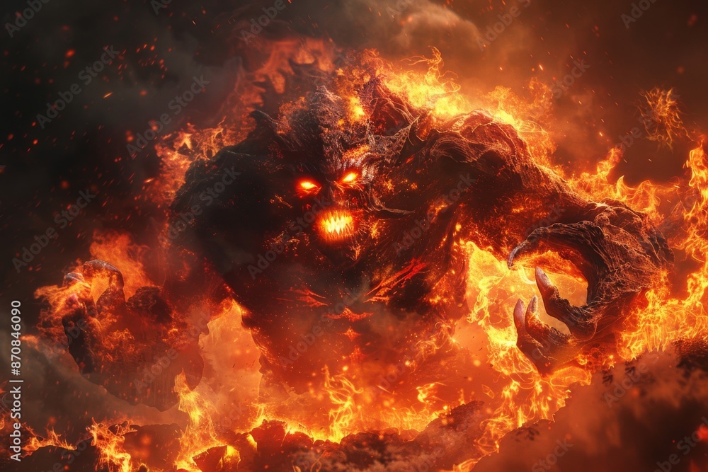 Angry demon with clenched fists and fiery eyes in a volcanic landscape ...