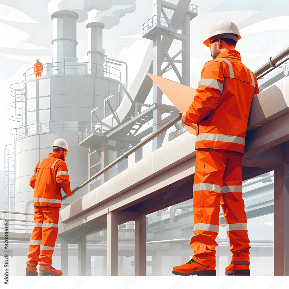 vector image with workers in uniforms in a paper mill with a factory ...