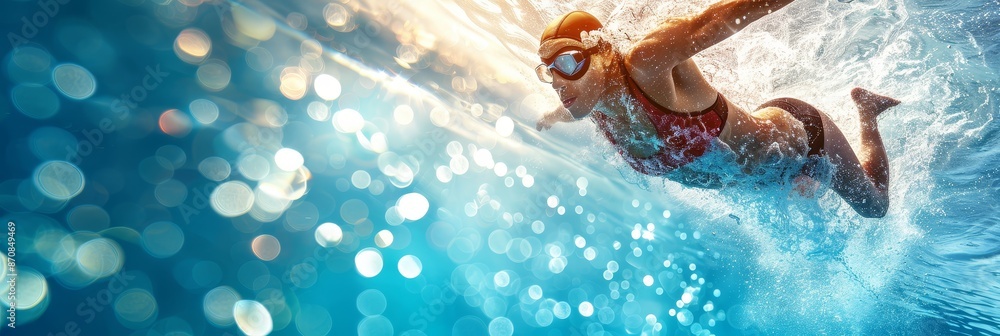 A female swimmer performing backstroke underwater - A female swimmer ...