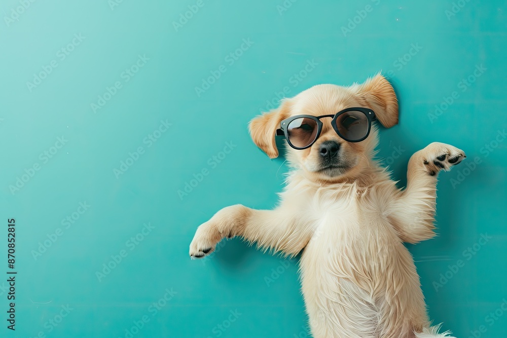 Cute puppy wearing aviator sunglasses, lying on a teal background, with ...
