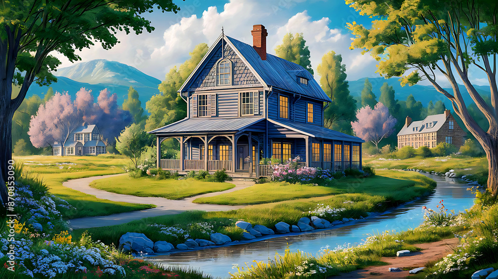 Oil painting on canvas summer landscape with wooden old house in middle ...