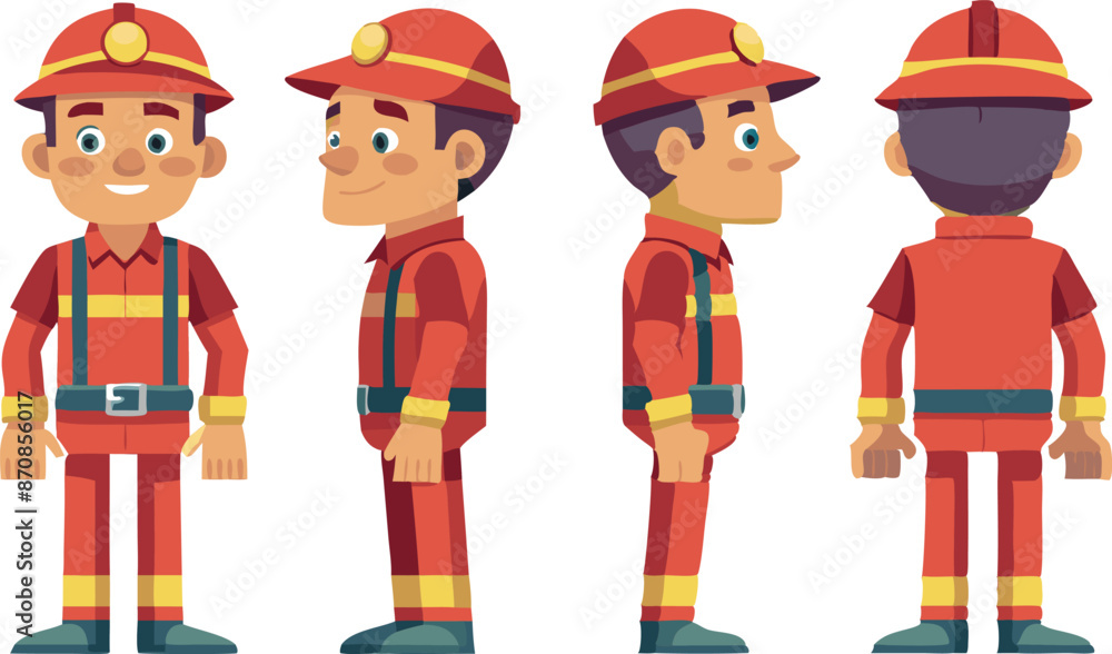 Cartoon firefighter character in various poses and angles for animation ...