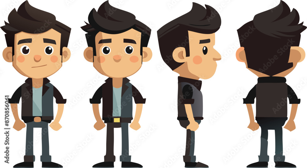 Cartoon character model sheet of a young man in various poses and ...