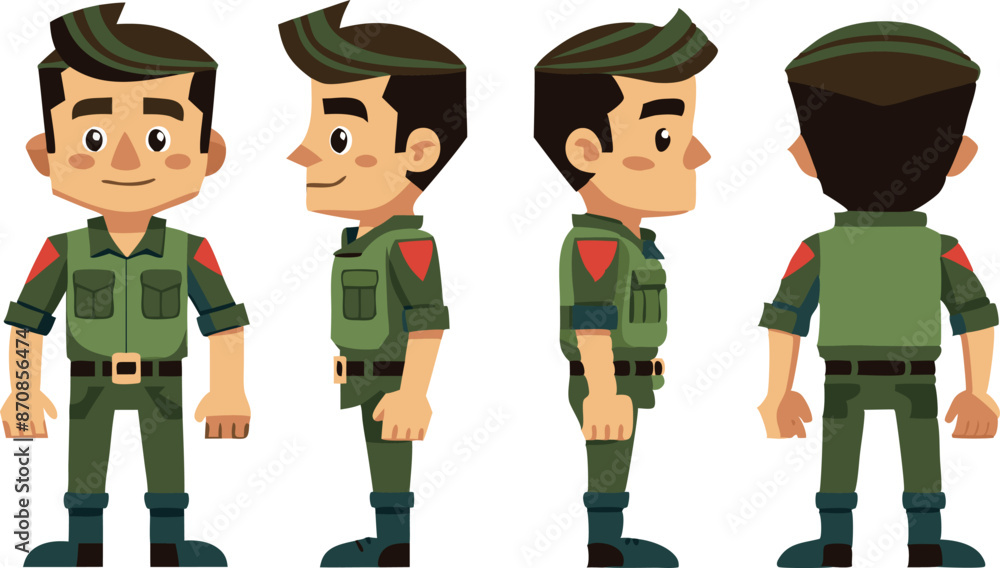 Cartoon soldier character design with front, side, and back views in ...