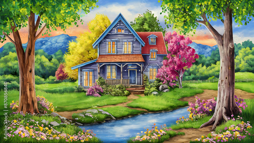 Oil painting on canvas summer landscape with wooden old house in middle ...