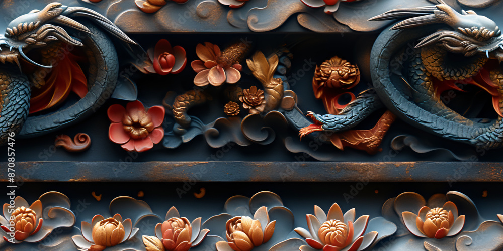 Mythical dragons in different poses creating an epic pattern (tile ...