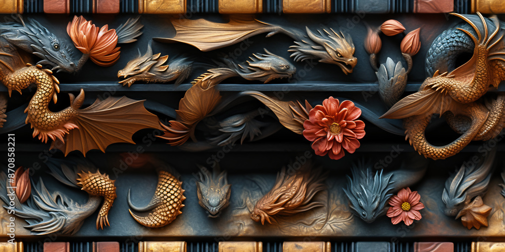 Mythical dragons in different poses creating an epic pattern (tile ...
