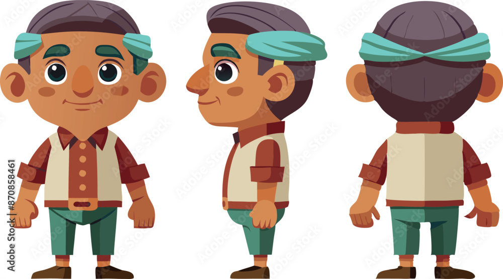 Cartoon character design showing front, side, and back views of a ...