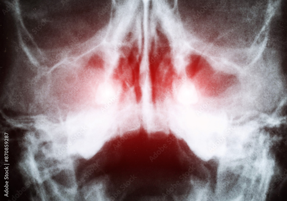 X-ray image of the skull of a child with purulent sinusitis, close-up ...